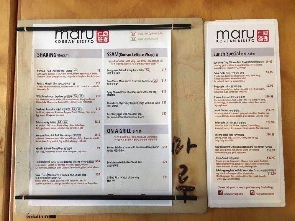 Menu at Maru Korean Bistro restaurant, North Vancouver