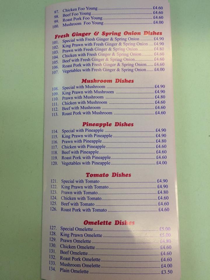 Menu at P.T.'s Chippy restaurant, Oldham