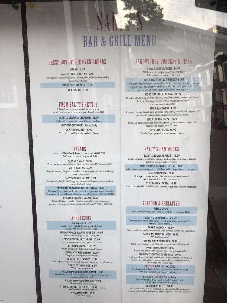 Menu at Salty's restaurant, Halifax