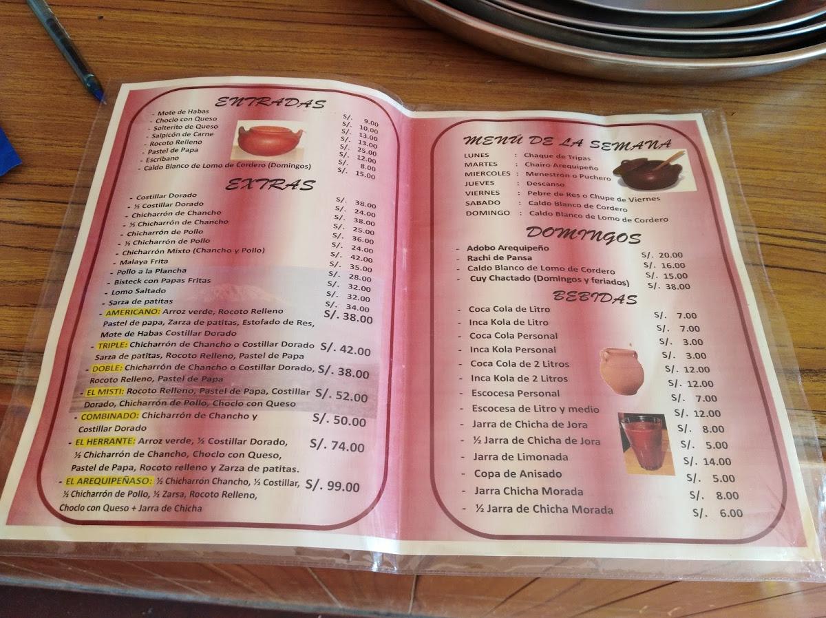Menu at picanteria arequipeña "El Viejo Misti" restaurant, Tacna