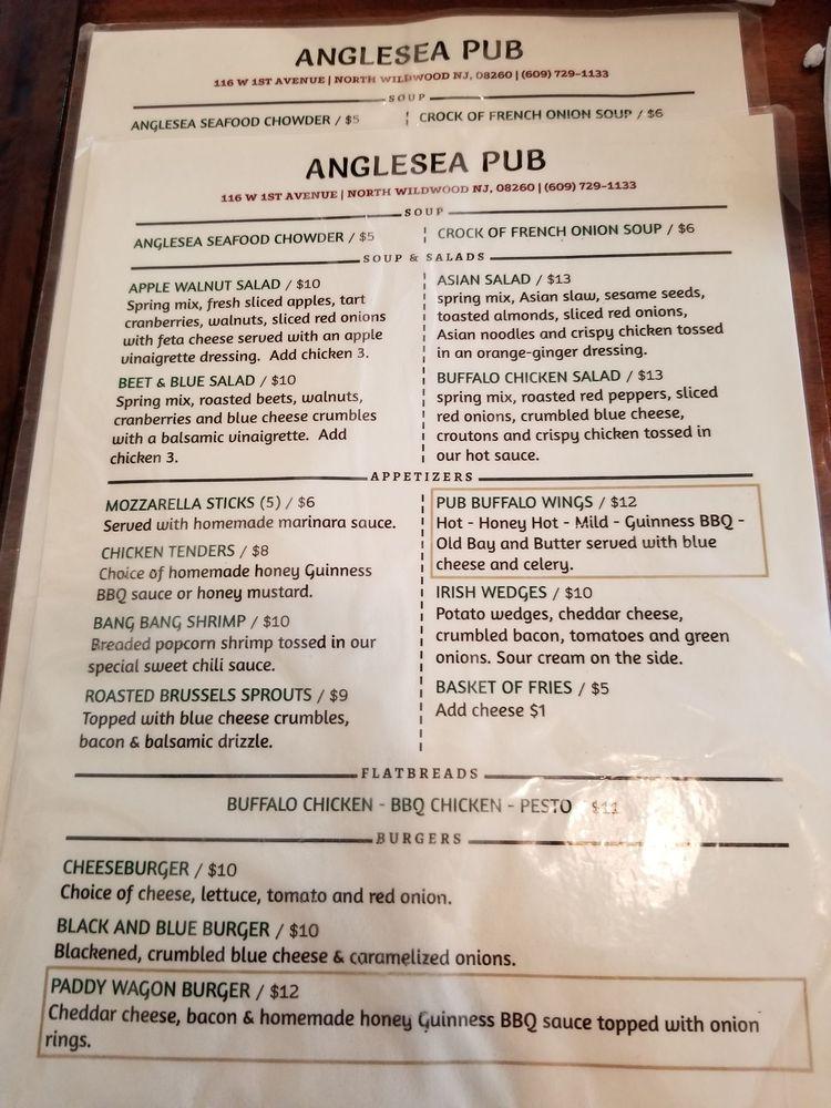 Menu at Anglesea Pub, North Wildwood