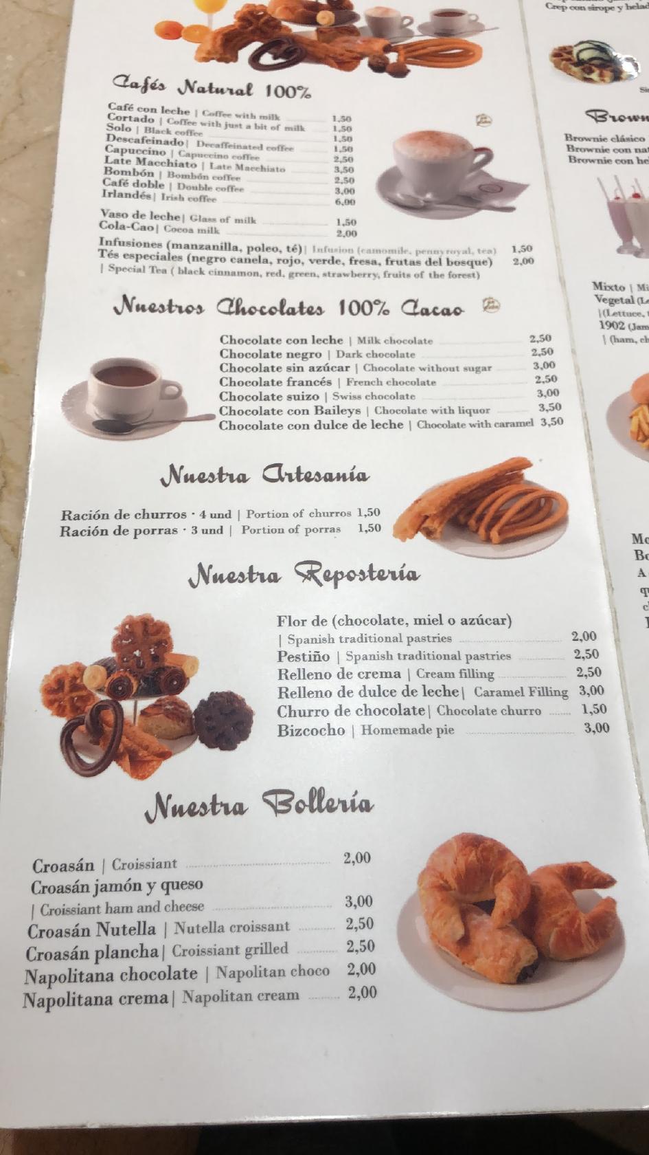 Menu at Chocolatería San Ginés cafe, Madrid, Pasadizo de San Ginés
