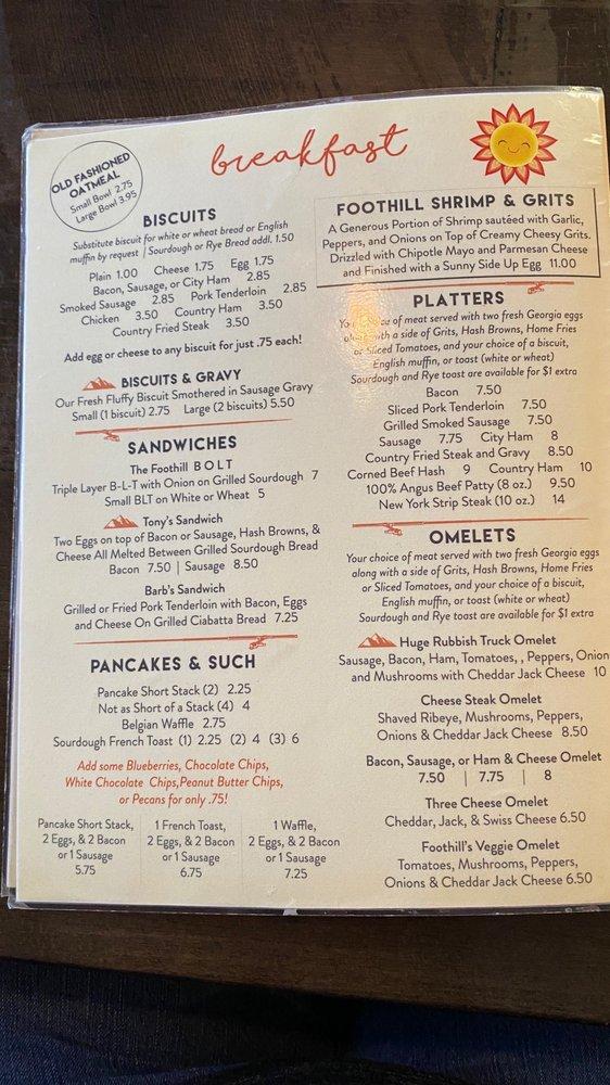 Menu at Foothill Grill restaurant, Dahlonega