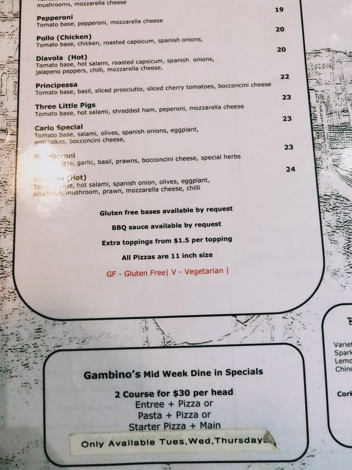 Menu at Gambinos restaurant, Corrimal