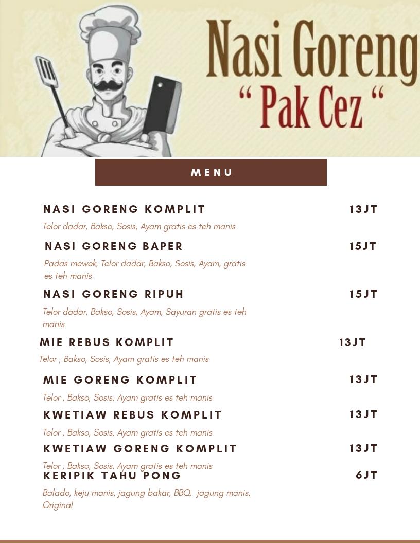 Menu at Nasi Goreng Pak Cez restaurant, Jakarta, Jl. H. Shibi 2 No.13