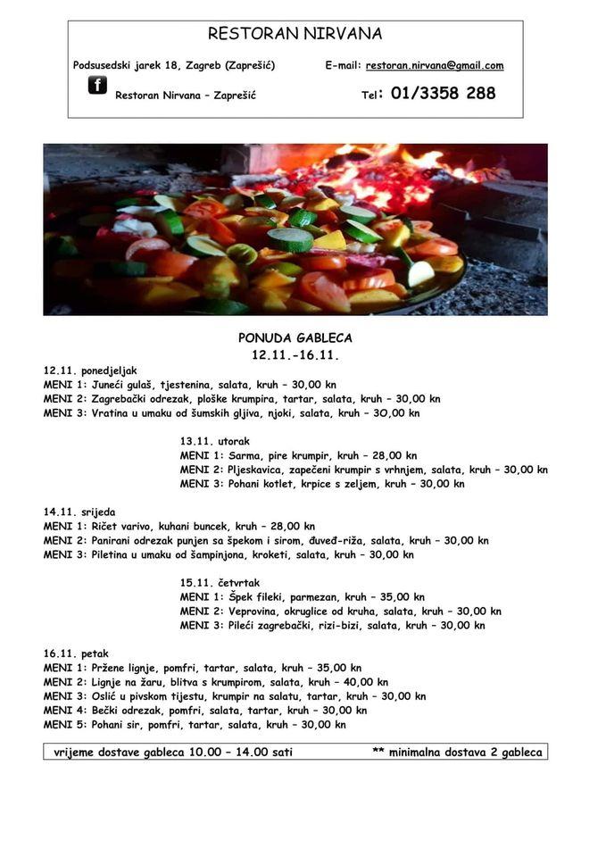 Menu at Restoran Nirvana restaurant, Zagreb, Ul. Podsusedski jarek 18