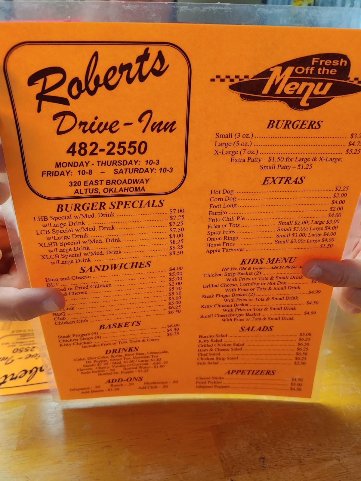 Menu at Roberts Drive-Inn restaurant, Altus
