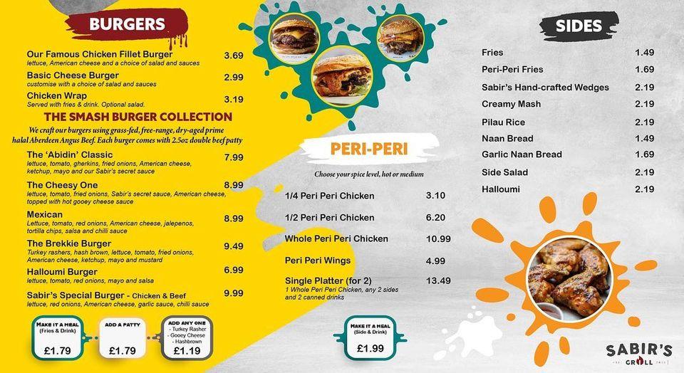 Menu at Sabirs fast food, Rotherham, 36 Westgate