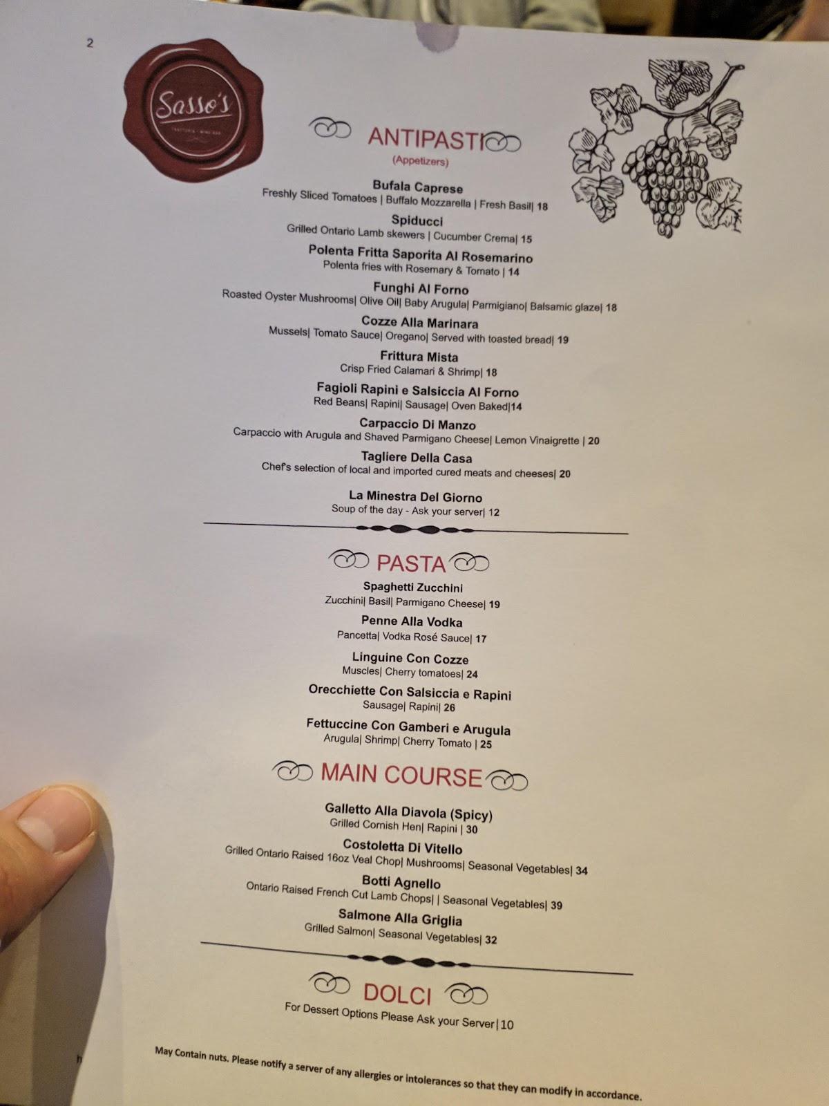 Menu at Sasso's Trattoria & Wine Bar, Nobleton