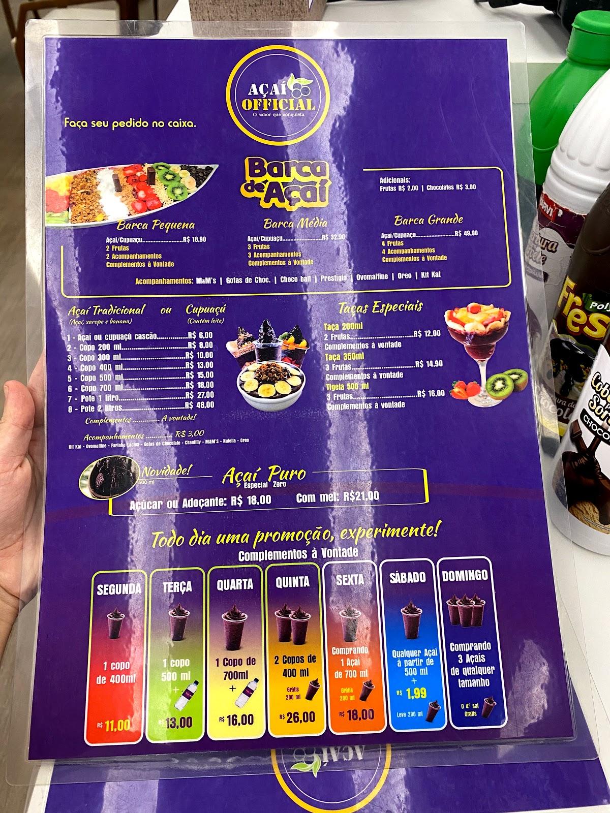 Menu em Açaí Official, Brasília, R 7 NORTE LT 03
