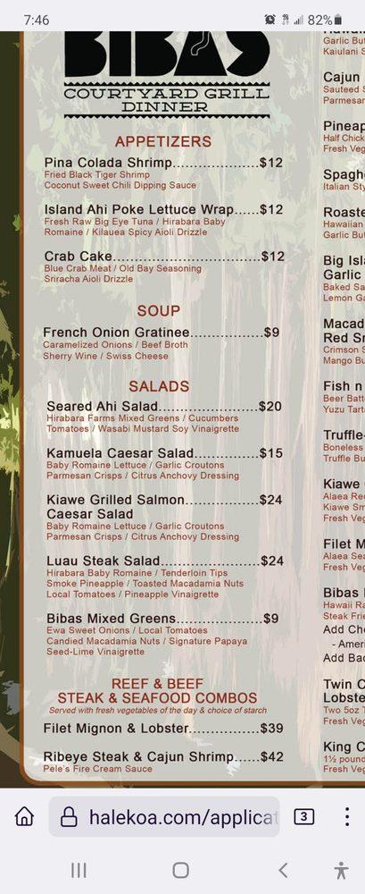 Menu at Bibas Courtyard Grill restaurant, Honolulu