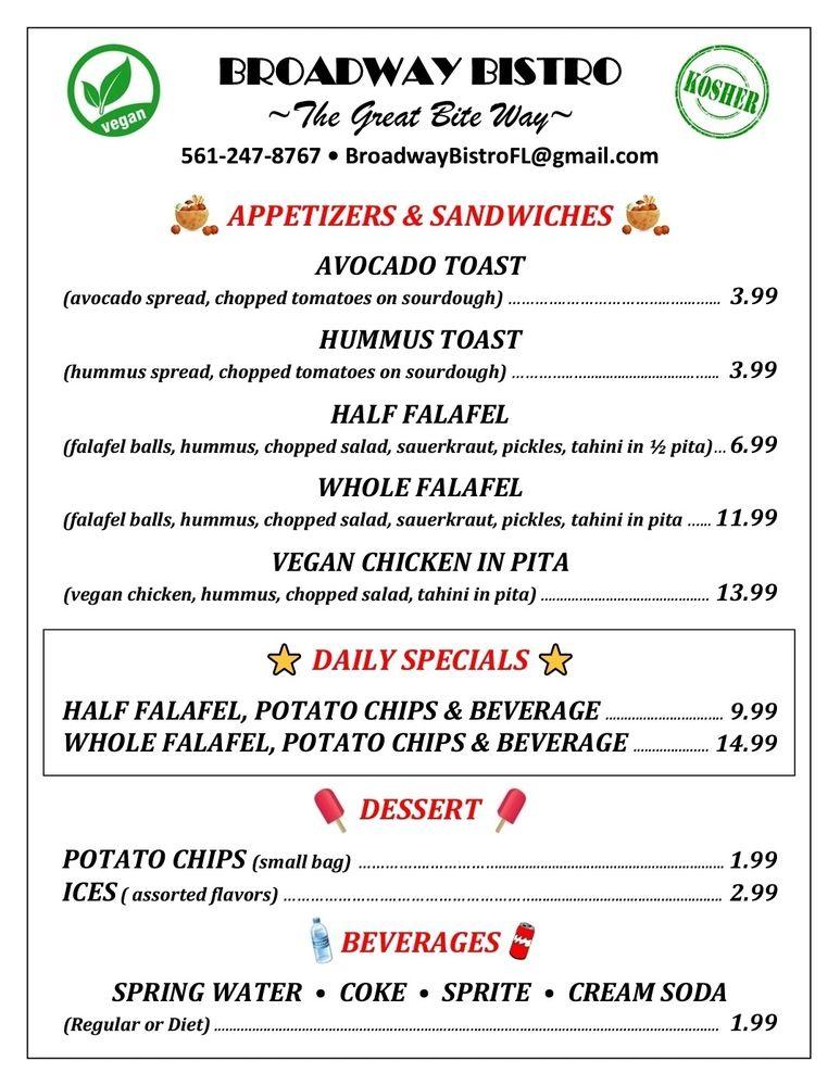 Menu at Broadway Bistro, Delray Beach