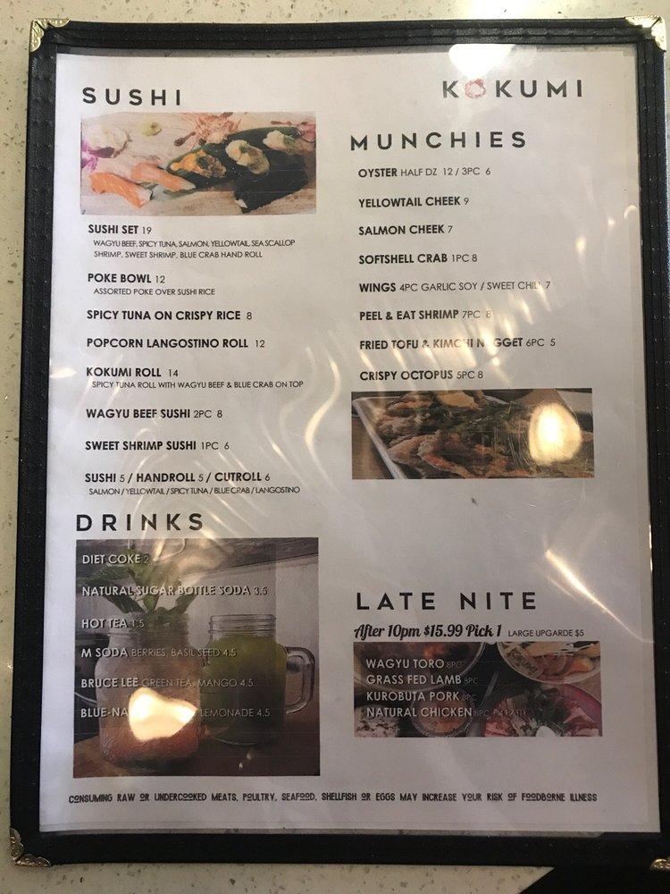 Menu at Kokumi restaurant, Arcadia