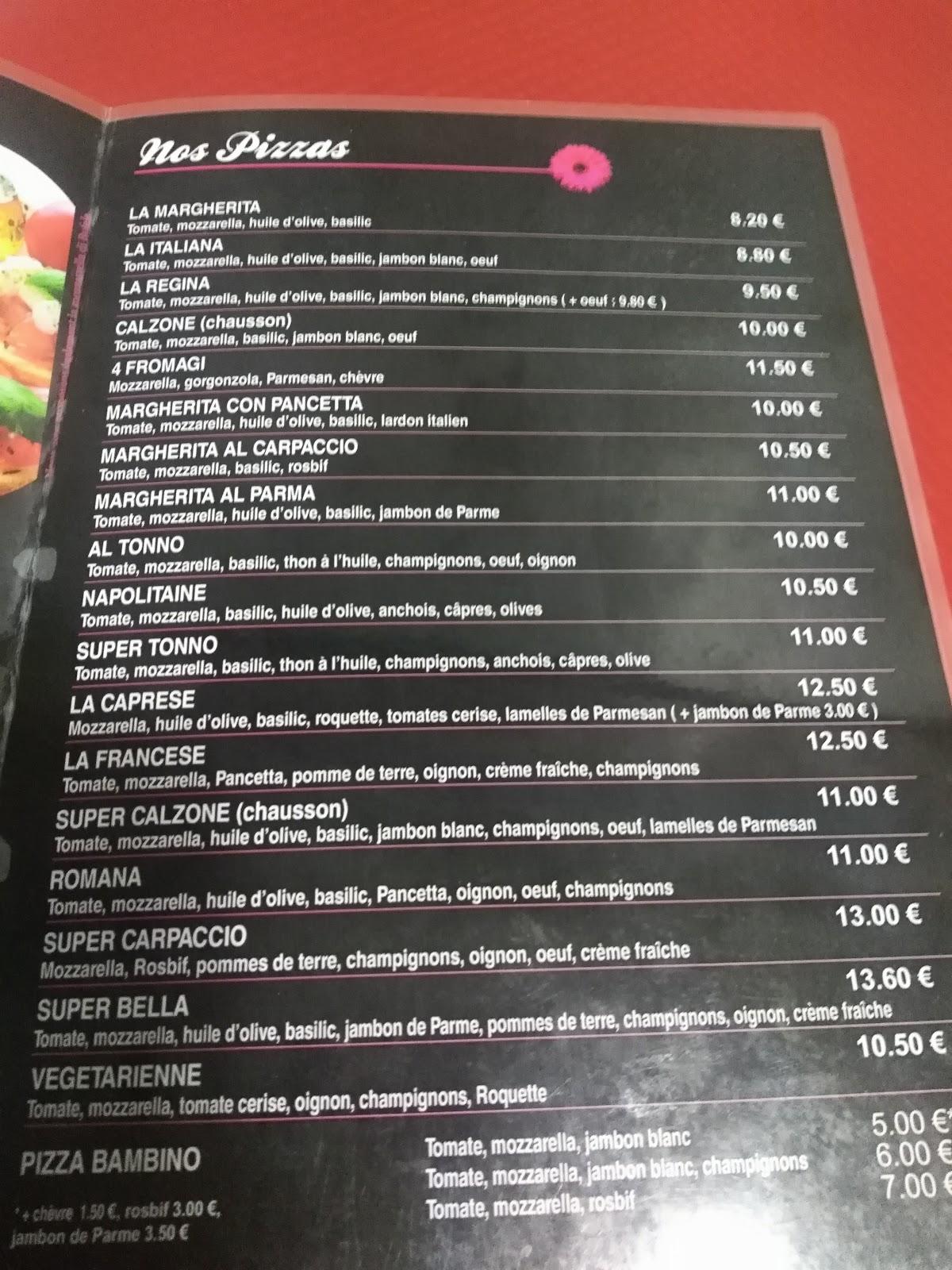Menu au La Margherita restaurant, La Flèche