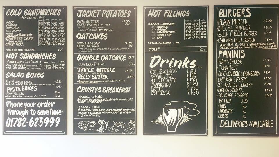 Menu at The Crusty Cob fast food, Stoke-on-Trent