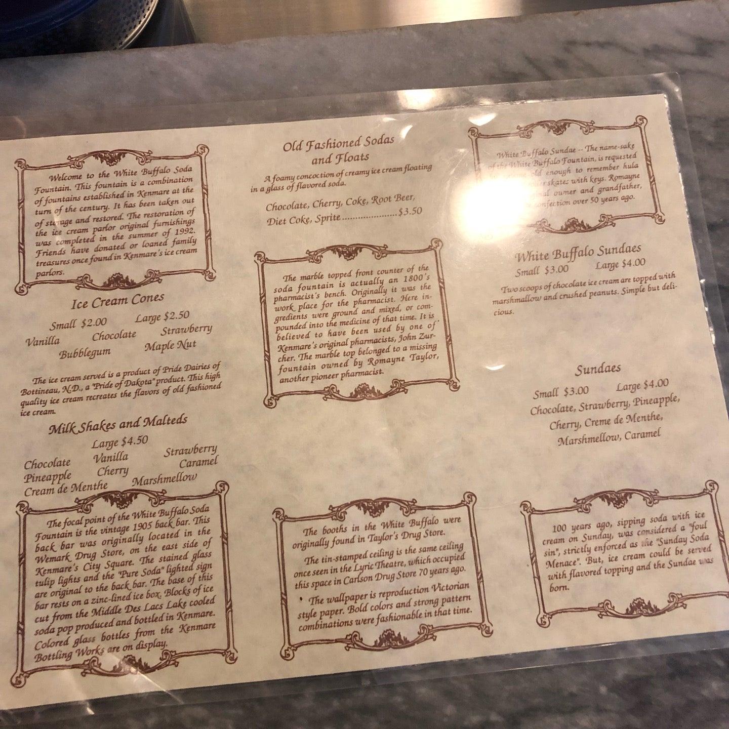 Menu at White Buffalo Soda Fountain pub & bar, Kenmare