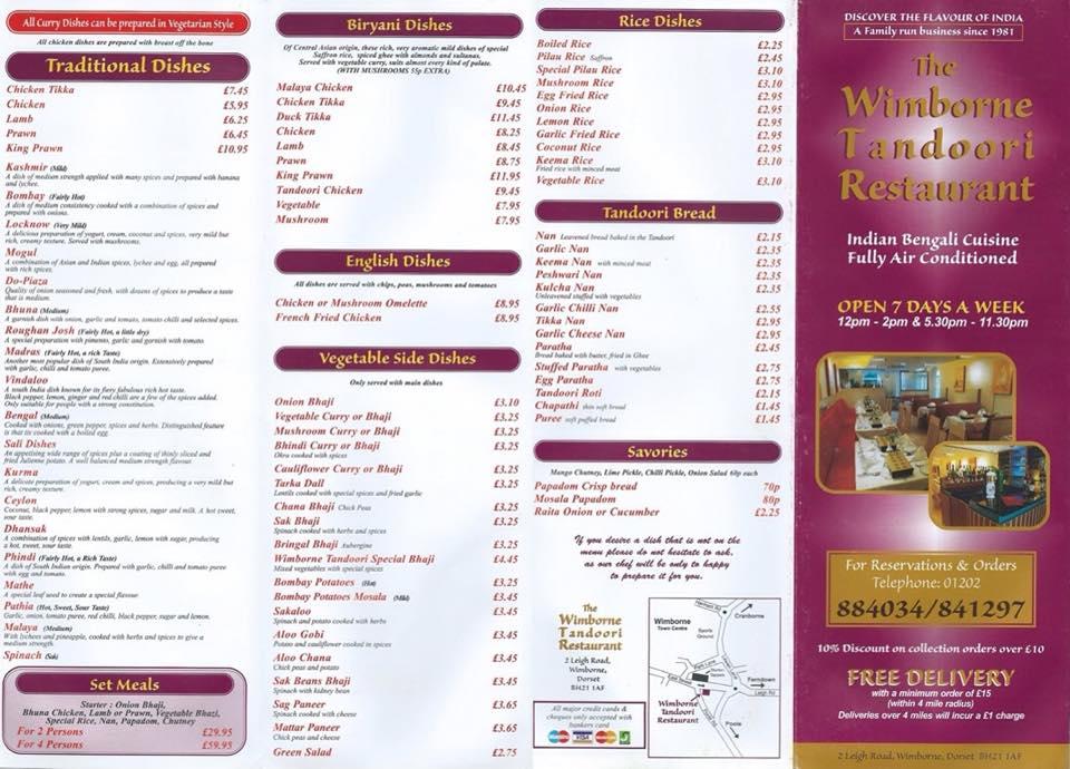Menu at Wimborne Tandoori restaurant, Wimborne Minster