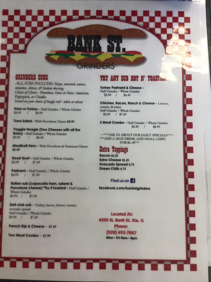 Menu at Bank Street Grinders restaurant, Kingman