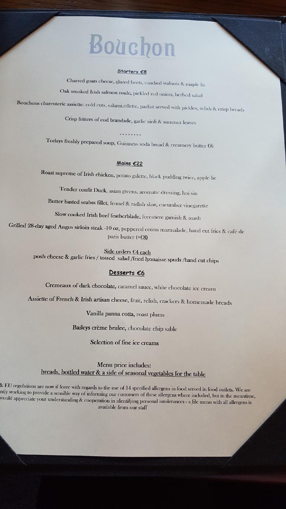 Menu at Bouchon restaurant, Naas