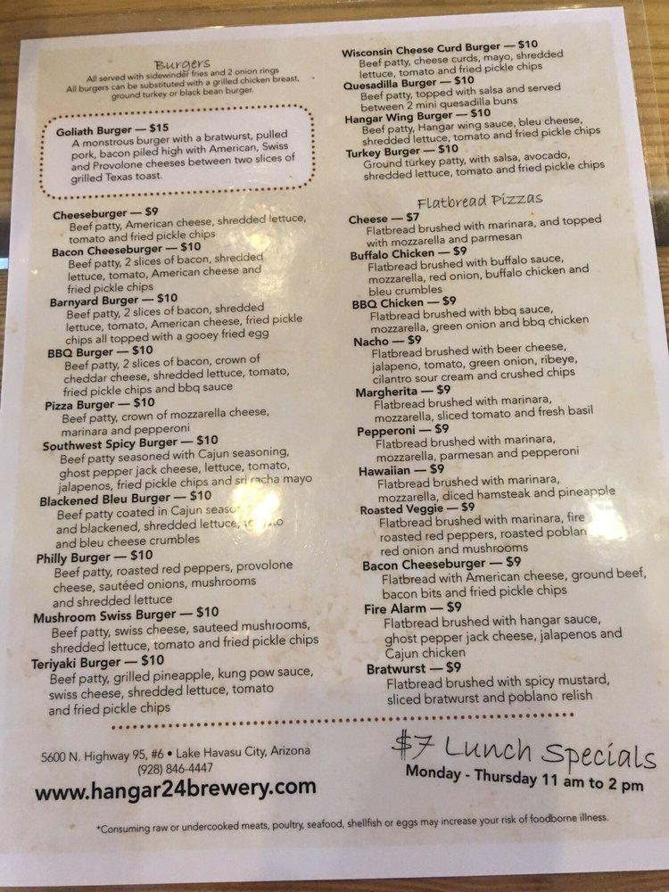 Menu at Hangar 24 Lake Havasu pub & bar, Lake Havasu City