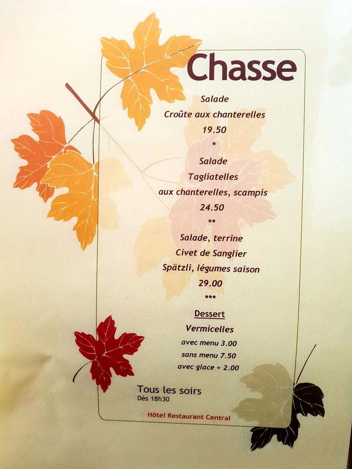 Menu da Hotel Restaurant Central, Tavannes