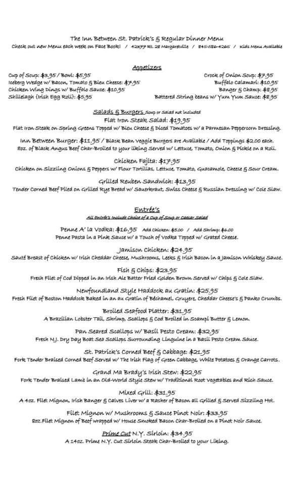 Menu at Inn Between steakhouse, Margaretville