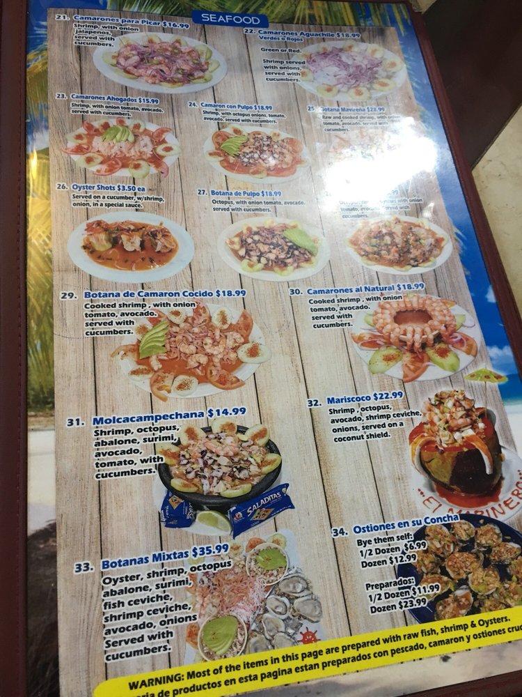 Menu at Mariscos El Marinero restaurant, San Antonio, McCullough Ave