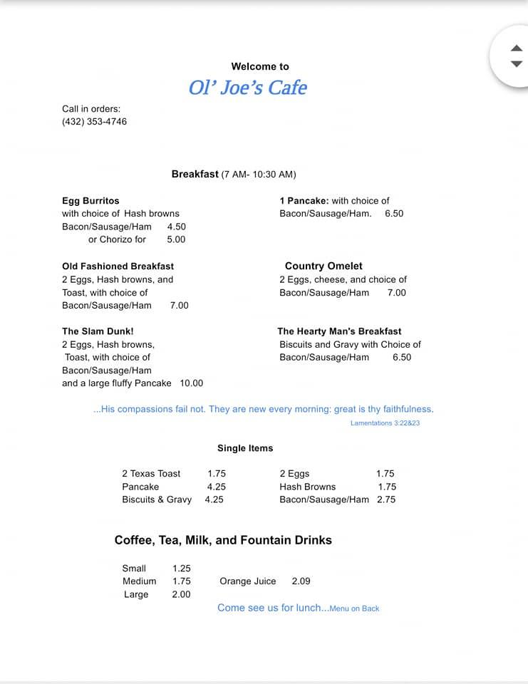 Menu at Ol Joes Cafe LLC, Ackerly