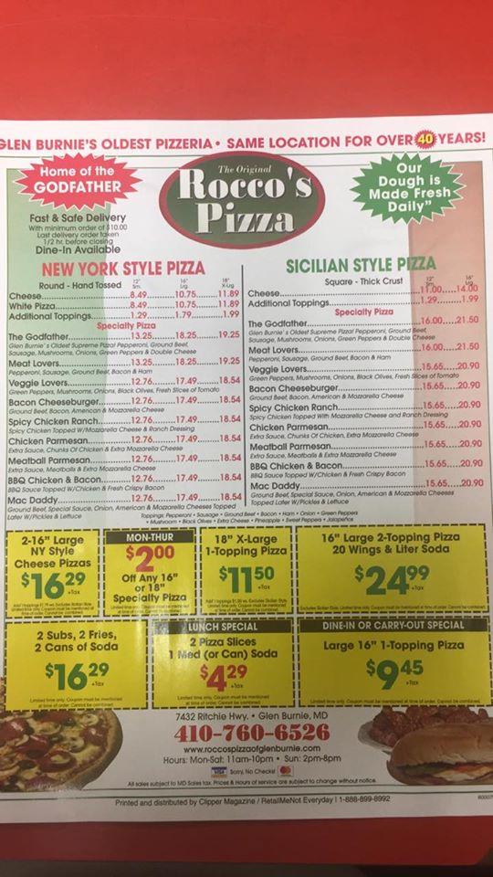 Menu at Rocco's Pizzeria, Glen Burnie