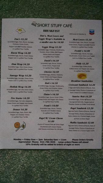 Menu at Short Stuff Cafe, Roseville
