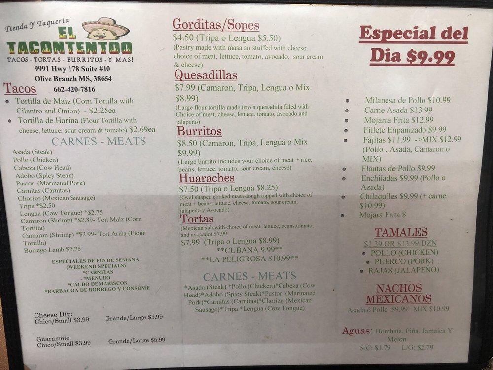 Menu at Taqueria El Tacontentoo. restaurant, Olive Branch