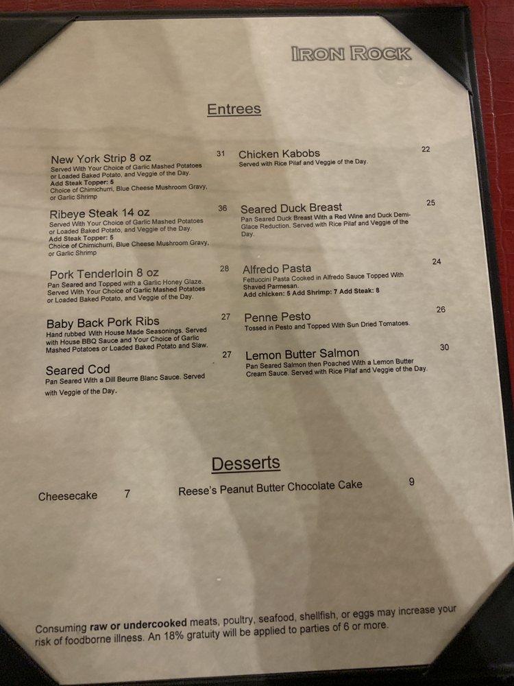 Menu at iron rock steakhouse, Brian Head
