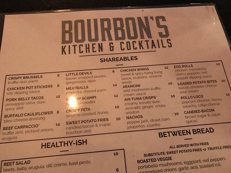 Menu at Bourbon's Kitchen & Cocktails pub & bar, Framingham