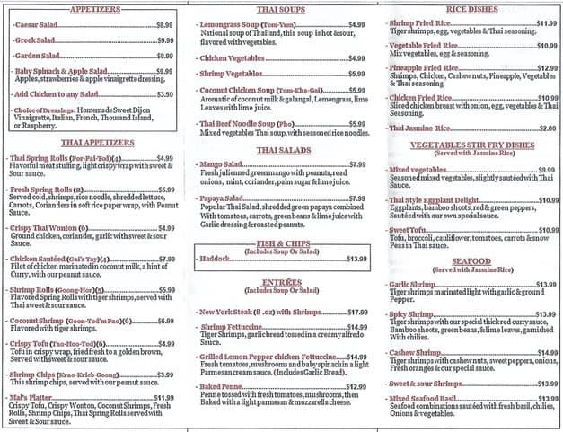Menu at Mai's Café & Bistro, London