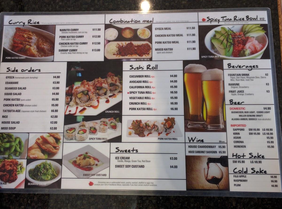 Menu at Naruto Japanese Restaurant, Anchorage