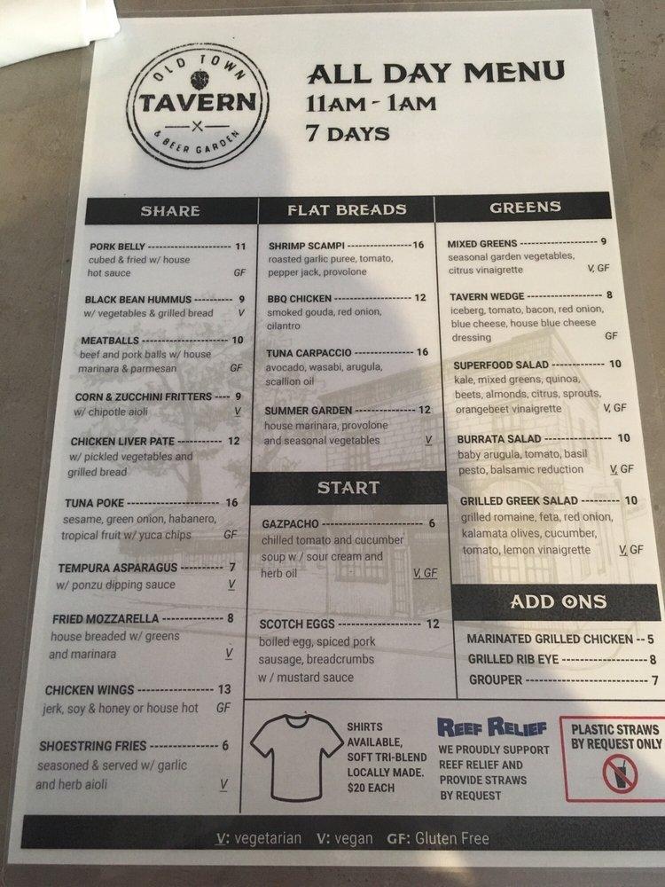 Menu at Old Town Tavern & Beer Garden restaurant, Key West, 900 Duval St
