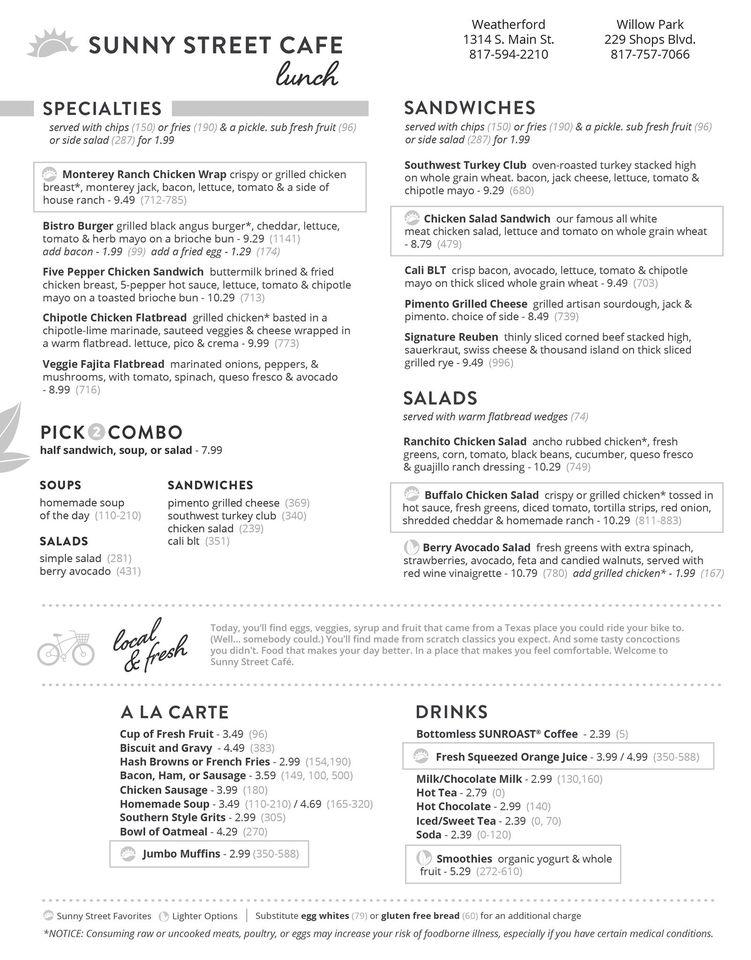 Menu at Sunny Street Cafe, Willow Park, 229 Shops Blvd Suite 103
