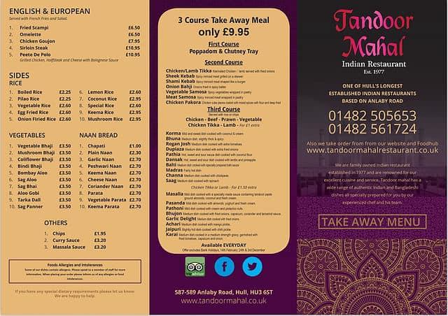 Menu at Tandoor Mahal restaurant, Hull