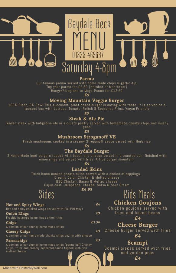 Menu at Baydale Beck Inn pub & bar, Darlington