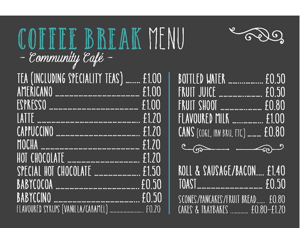 Menu at Coffee Break Community Cafe, Glasgow