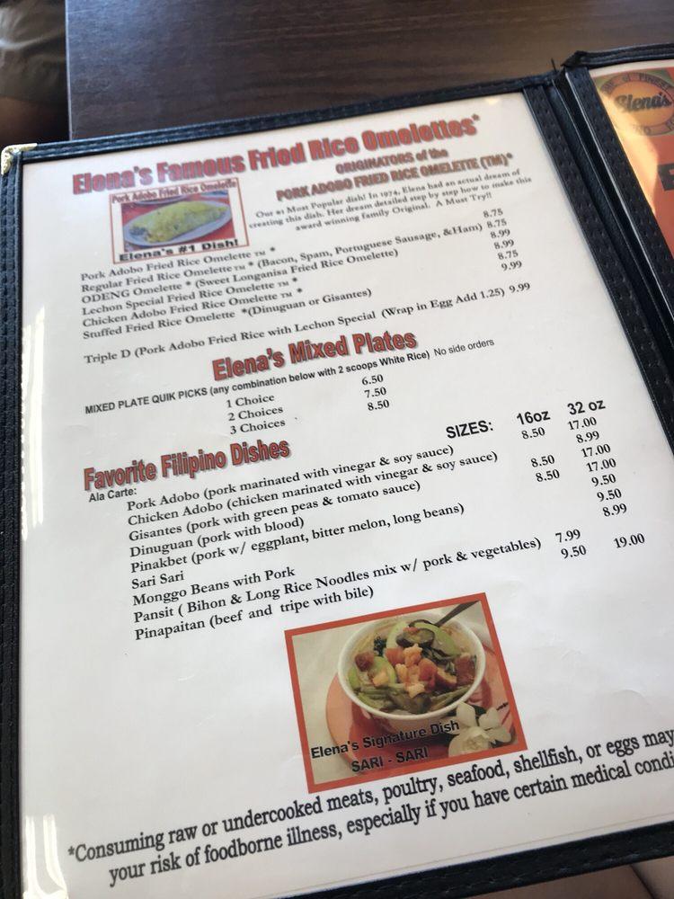Menu at Elena's Restaurant, Waipahu, Tropicana Square Shopping Center