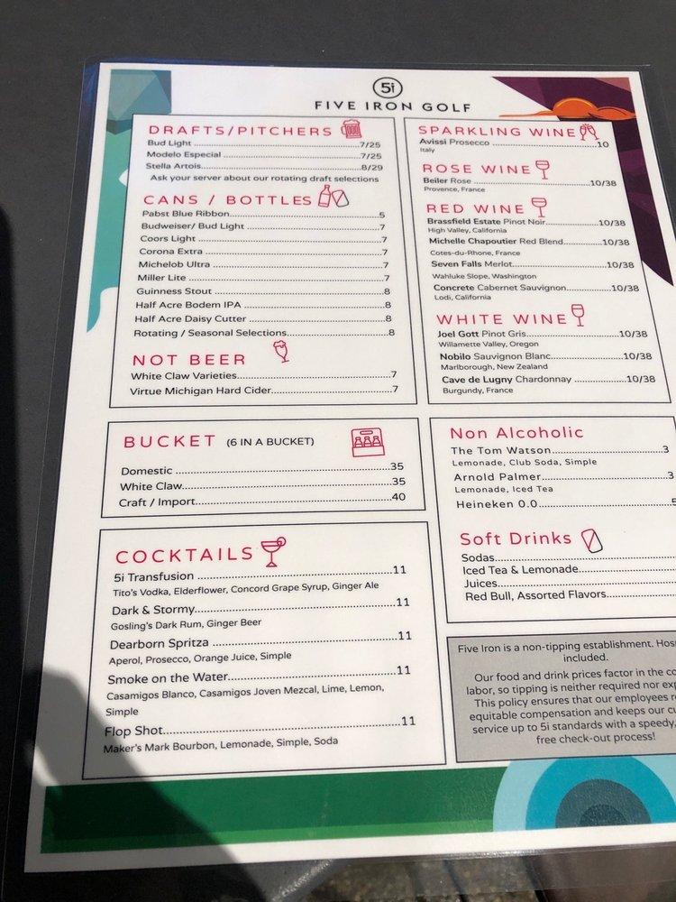 Menu at Five Iron Golf - River North pub & bar, Chicago