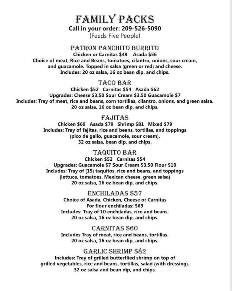 Menu at La Huerta Vieja restaurant, Modesto