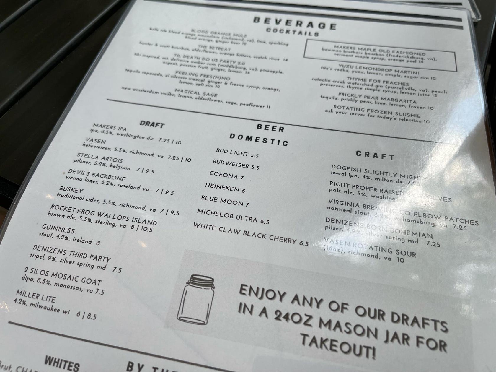 Menu at Makers Union Pub, Reston