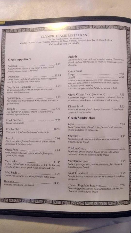 Menu at Olympic Flame Restaurant, Des Moines