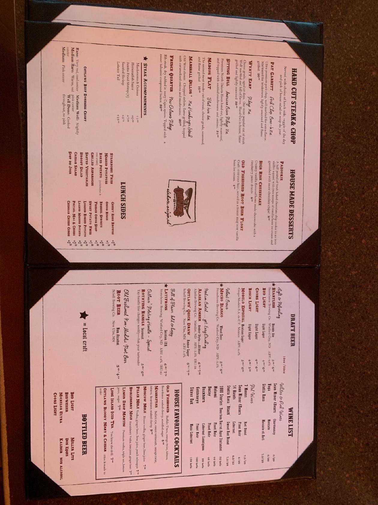 Menu at Outlaws Steakhouse, Watford City