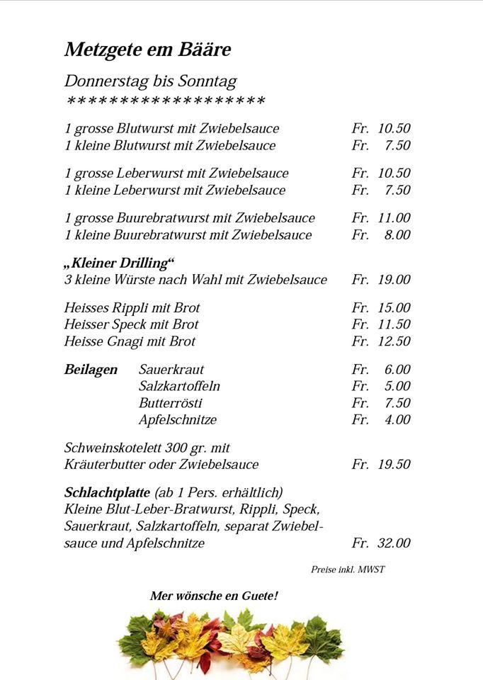 Speisekarte von Gasthof Bären Zetzwil, Zetzwil