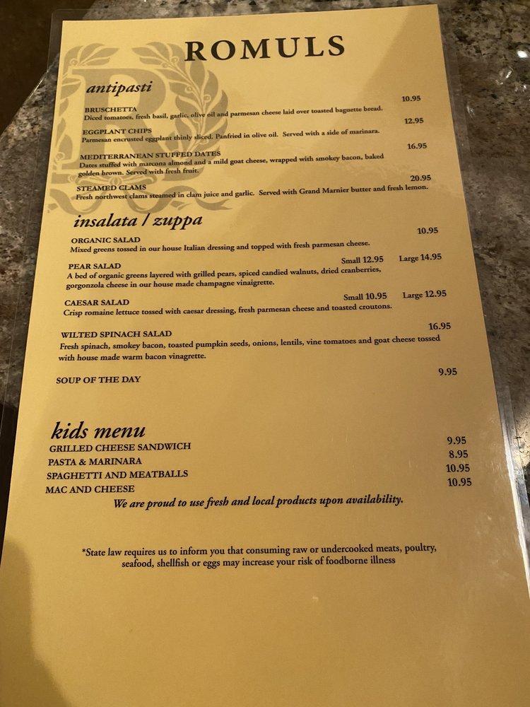 Menu at Romuls restaurant, Hood River