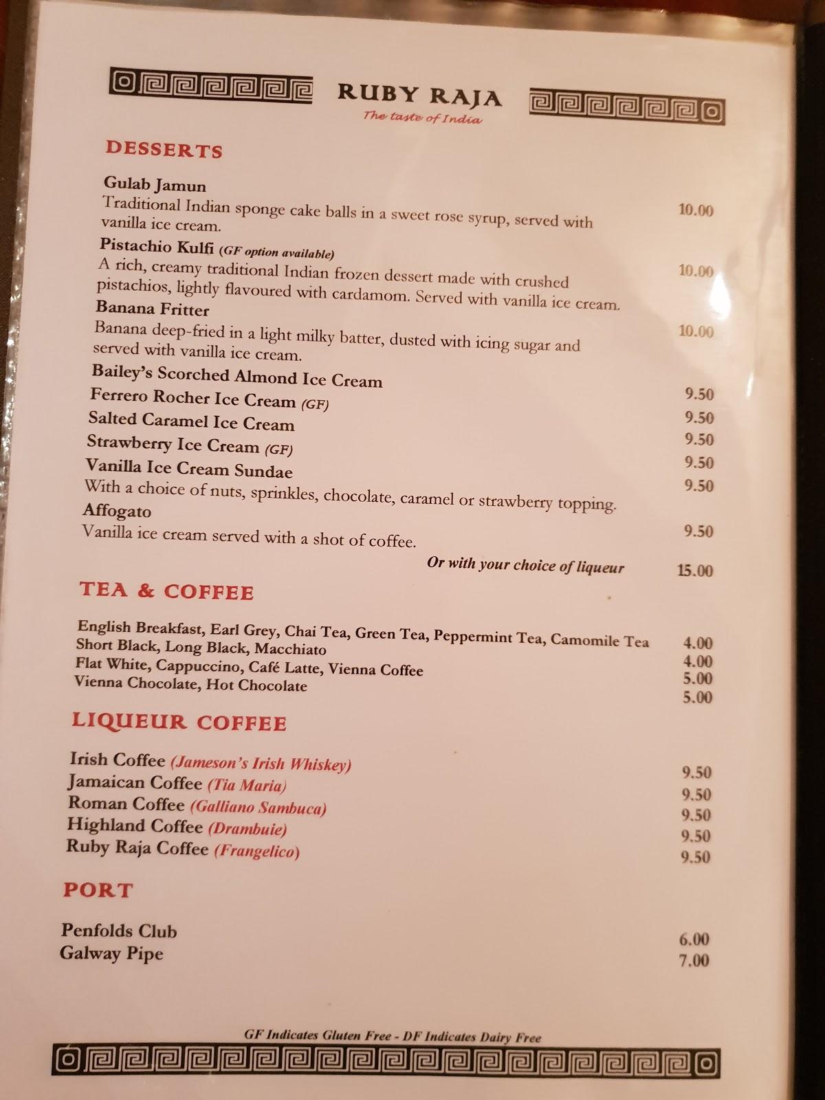 Menu at Ruby Raja Indian Restaurant, Tea Tree Gully