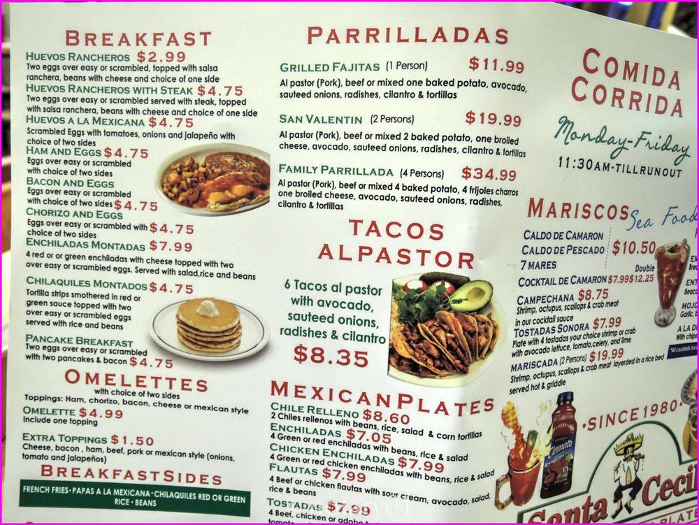 Menu at Santa Cecilia Restaurant, El Paso, El Paso Dr